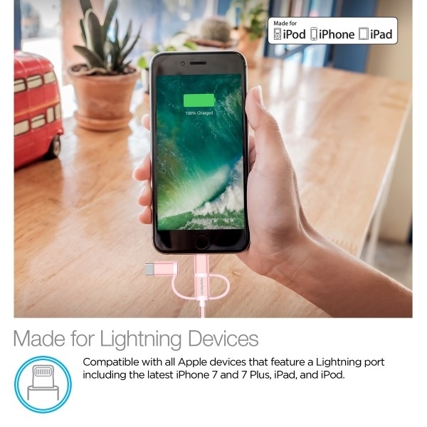 Naztech , MFi Lightning Braided 3-in-1 ( Micro , USB Type-C , Lightning ...